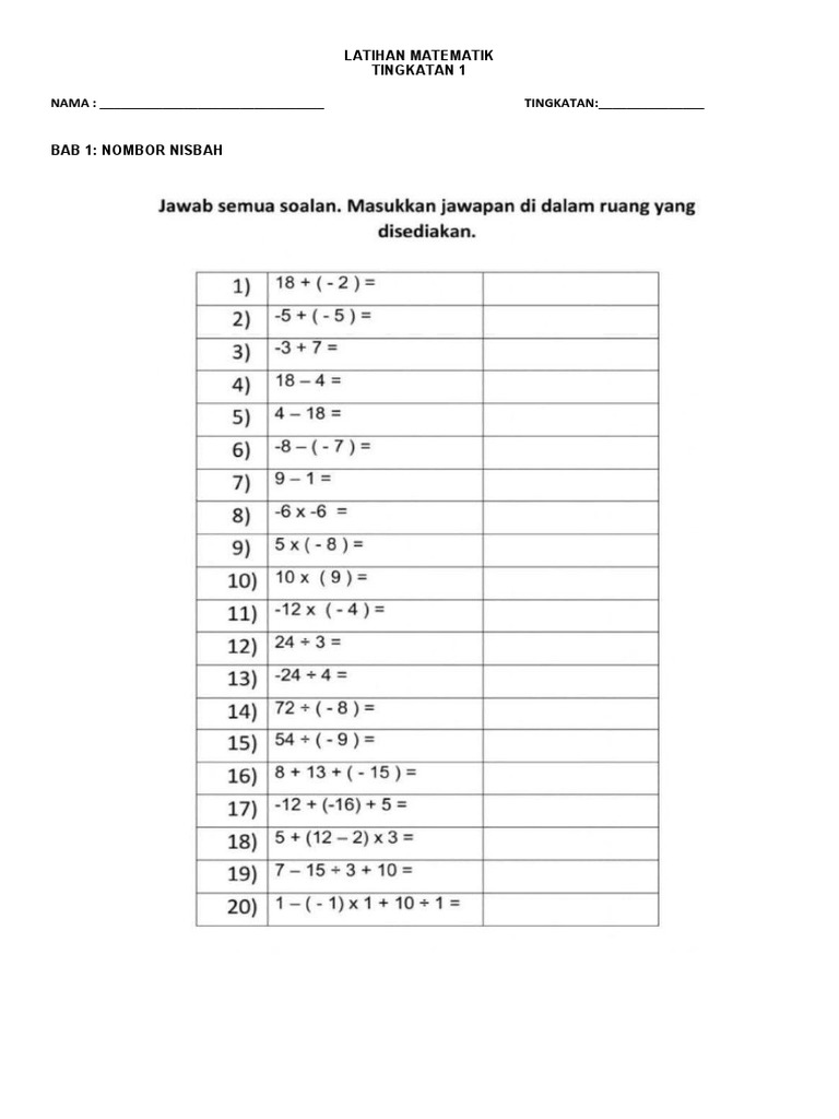 Latihan Matematik Tingkatan 1 NAMA: - TINGKATAN: - Bab 1: Nombor Nisbah | PDF
