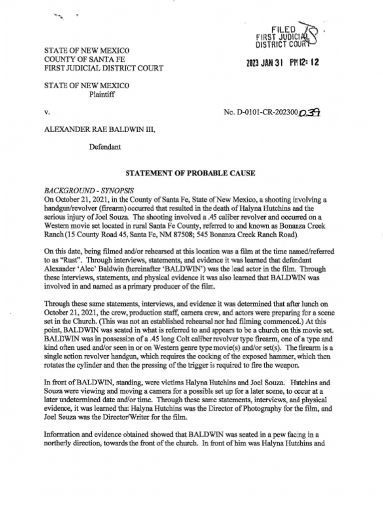 Alec Baldwin Probable Cause Statement | PDF | Manslaughter | Hazards