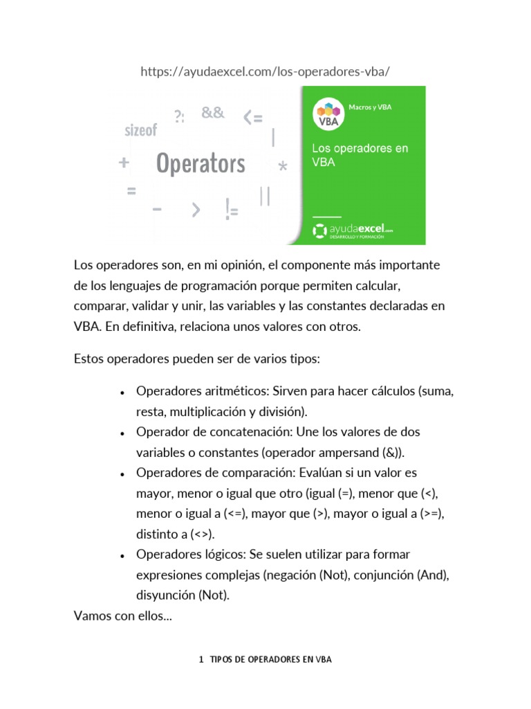 TIPOS DE OPERADORES EN VBA Excel | PDF | Multiplicación | Exponenciación TIPOS DE OPERADORES EN VBA Excel | PDF | Multiplicación | Exponenciación