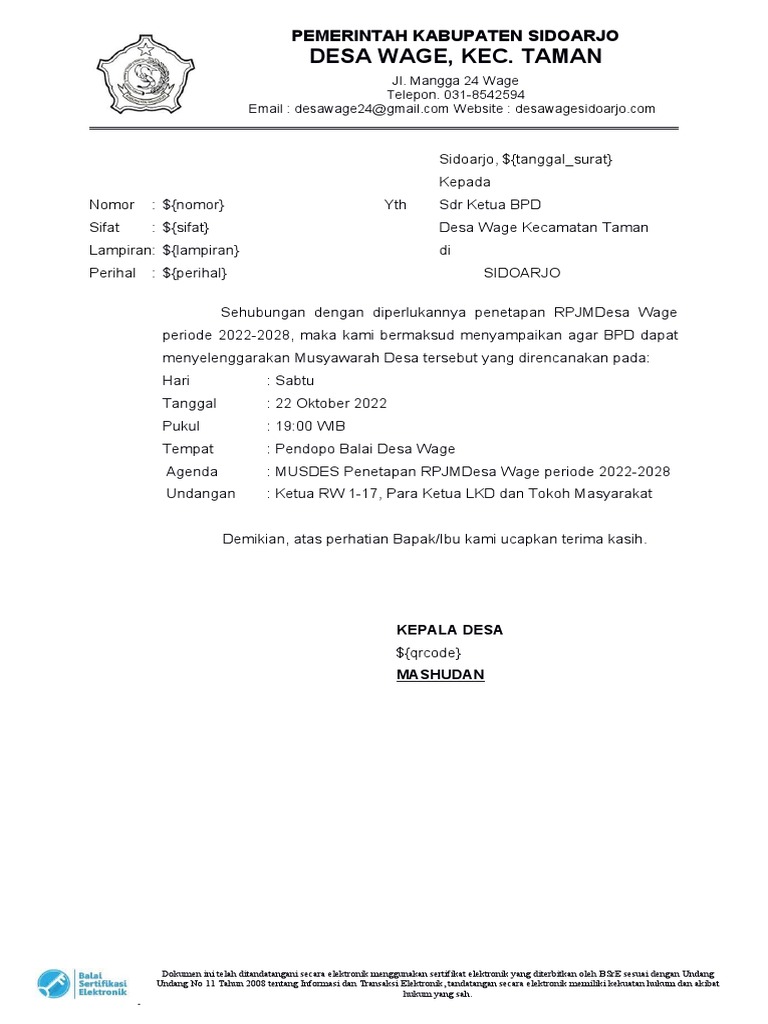 Surat Pemberitahuan Penyelenggaraan MUSDES Penetapan RPJMDes To BPD | PDF