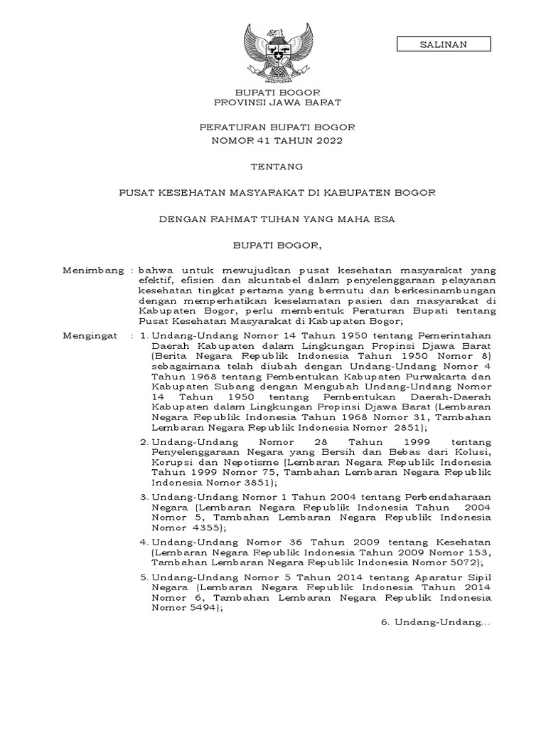 Perbup No 41 TH 2022 TTG PKM Di Kab Bogor DeeL | PDF