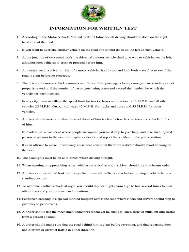 Information On Drivers License Written Test | PDF | Traffic | Driving