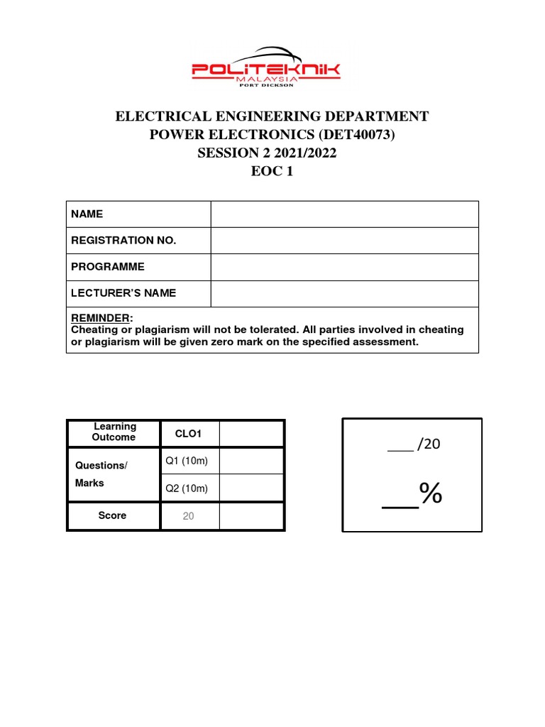 EOC 1 (Q) - Sesi 2 2021-2022 | PDF | Electrical Network | Power Electronics