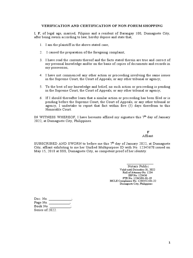 Certification of Forum Non-Shopping | PDF | Affidavit | Civil Law ...