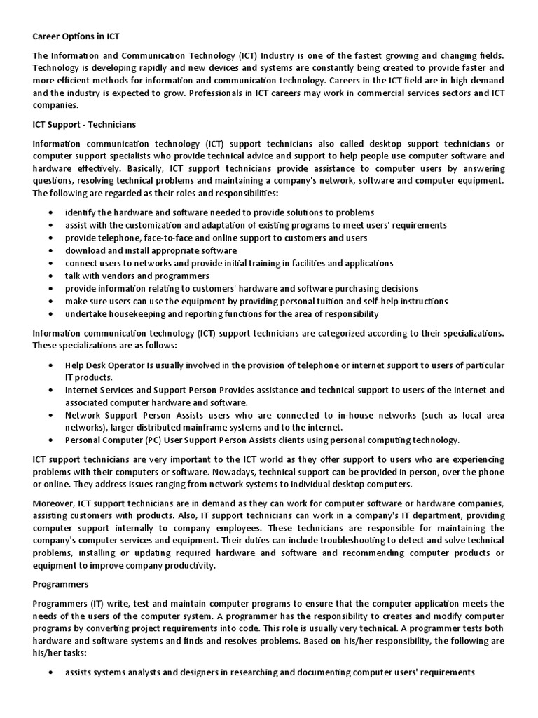 Career Options in ICT | PDF | Computer Network | Information Technology