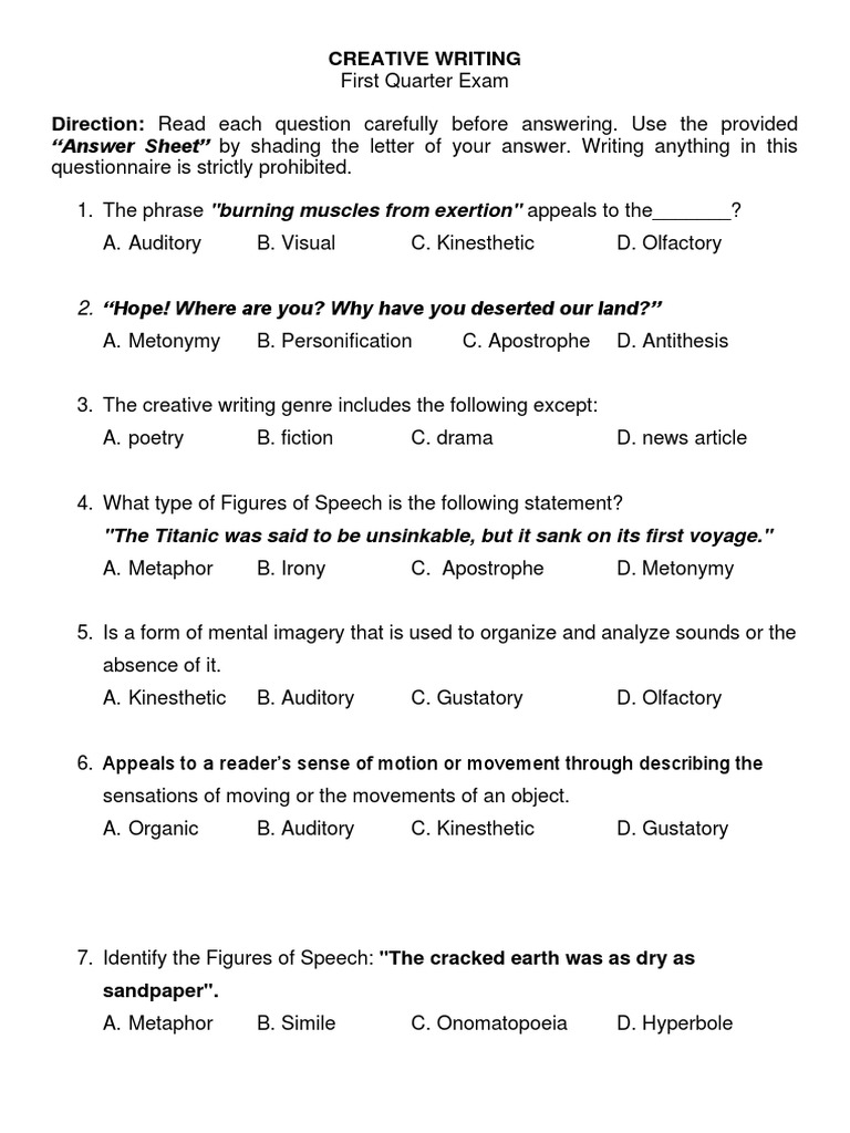 Creative Writing Q1 Exam | PDF | Metaphor | Somatosensory System