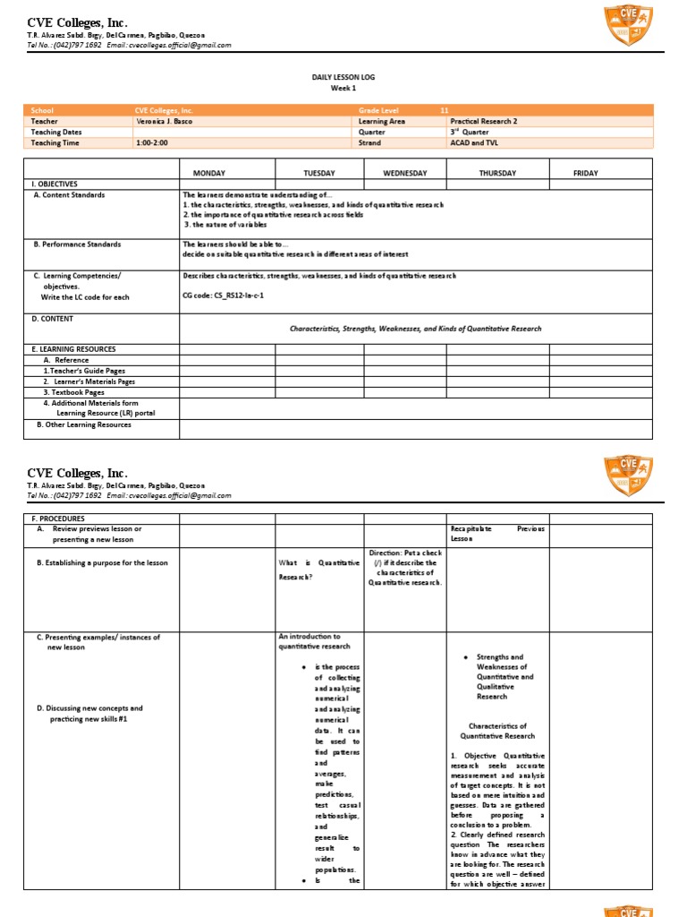 CVE Colleges Daily Lesson Log on Quantitative Research | PDF | Data ...