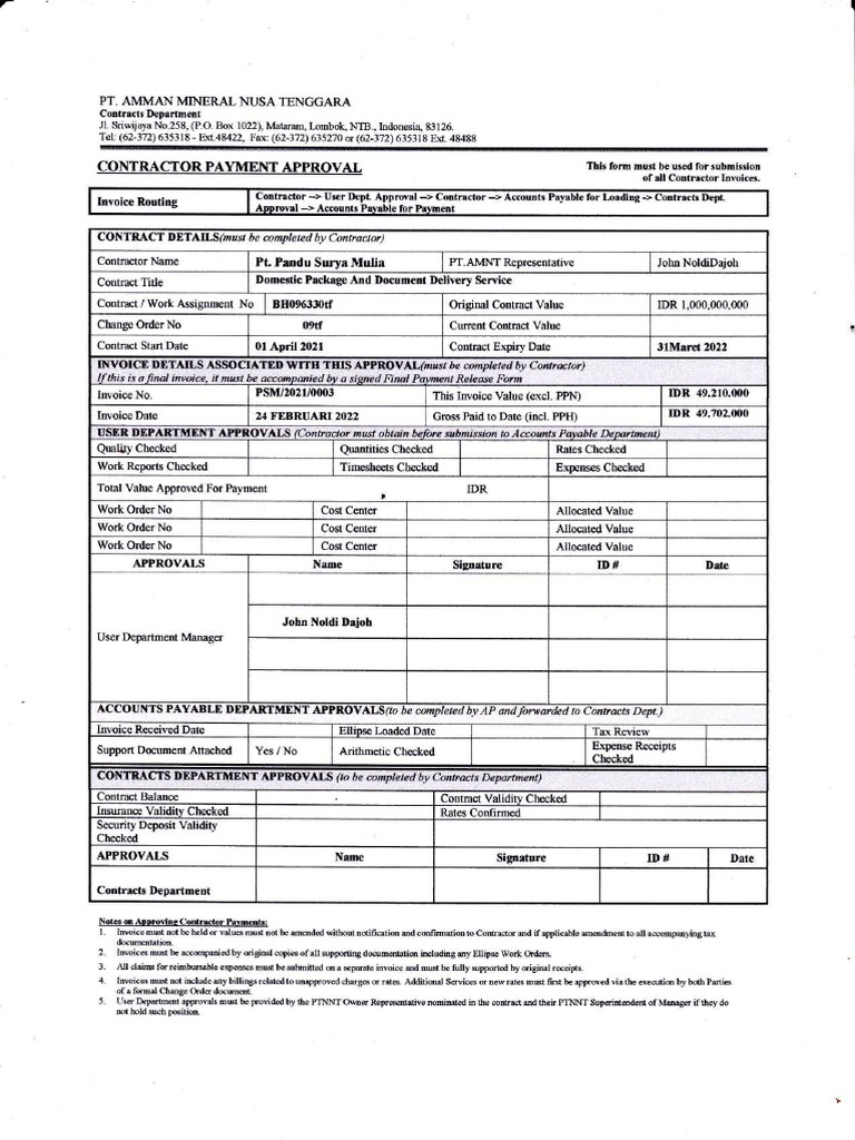 Contractor Payment Approval Form | PDF | Trade | Freight Transport
