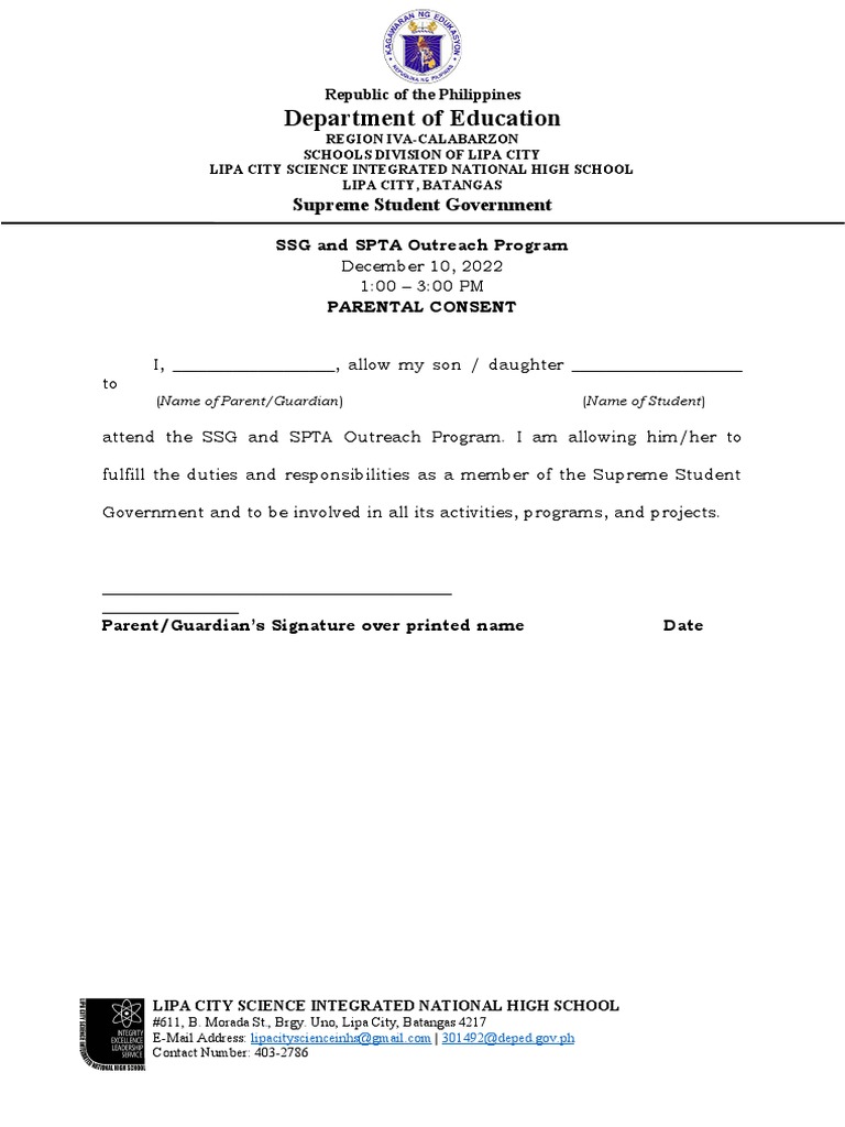 SSG and SPTA Outreach Program Parental Consent | PDF