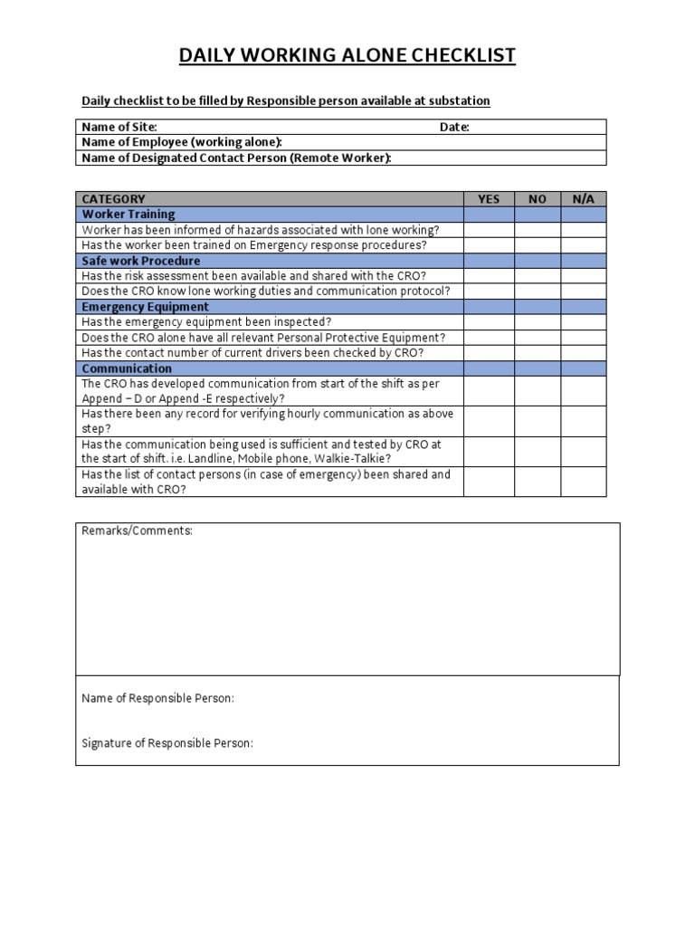 Working Alone Checklist | PDF