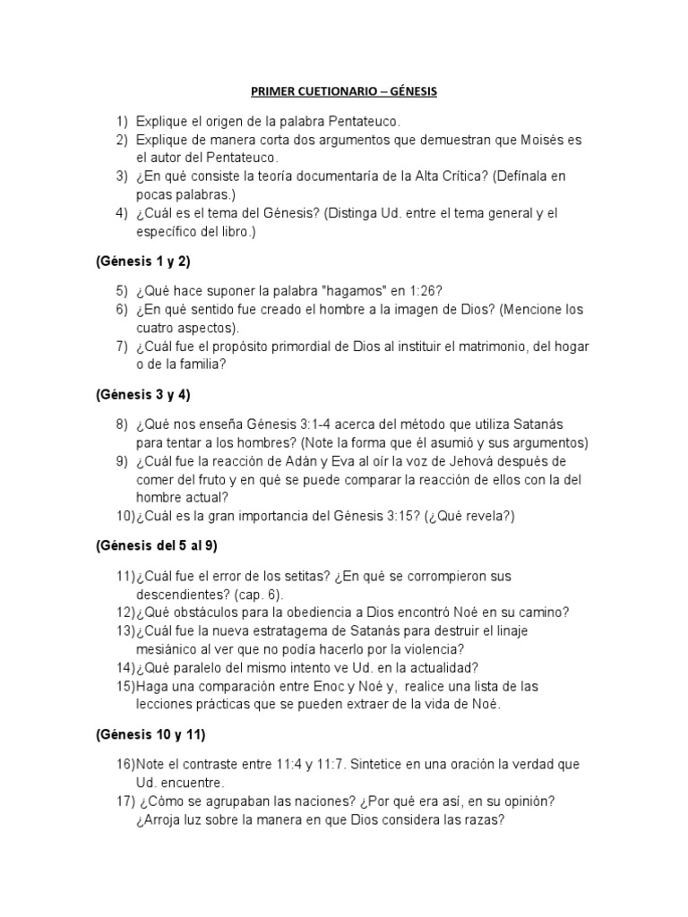 Cuestionario de Génesis - Pablo Hoff | PDF | Libro del Génesis | Abrahán