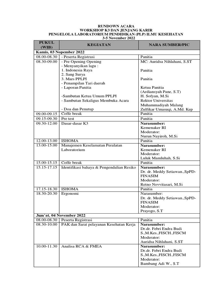 Rundown Acara Workshop K3 Dan Jenjang Karir | PDF