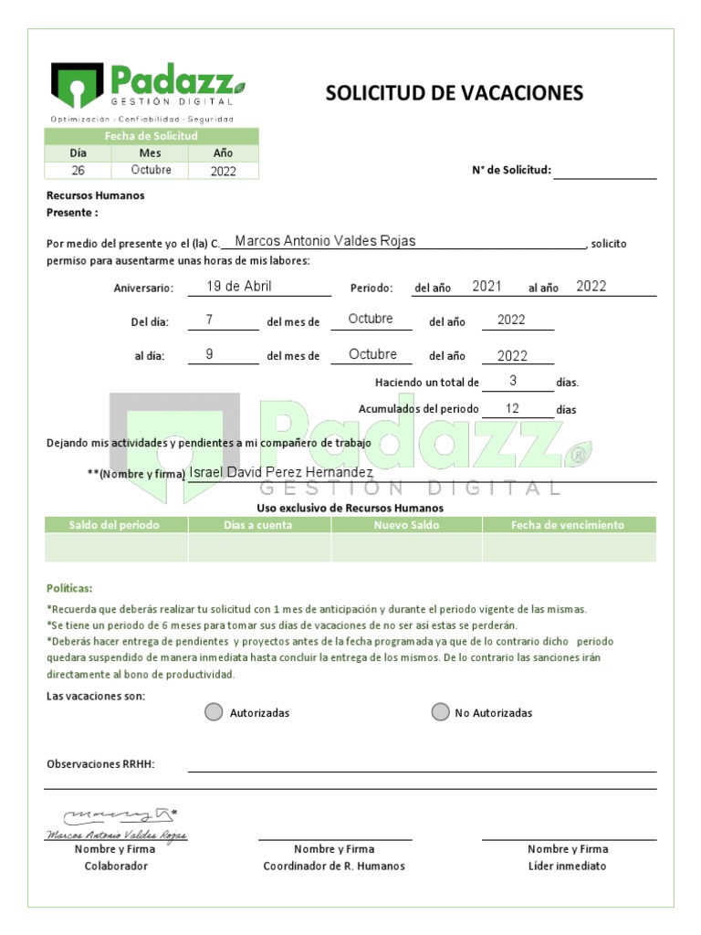 Formato de Solicitud de Vacaciones | PDF