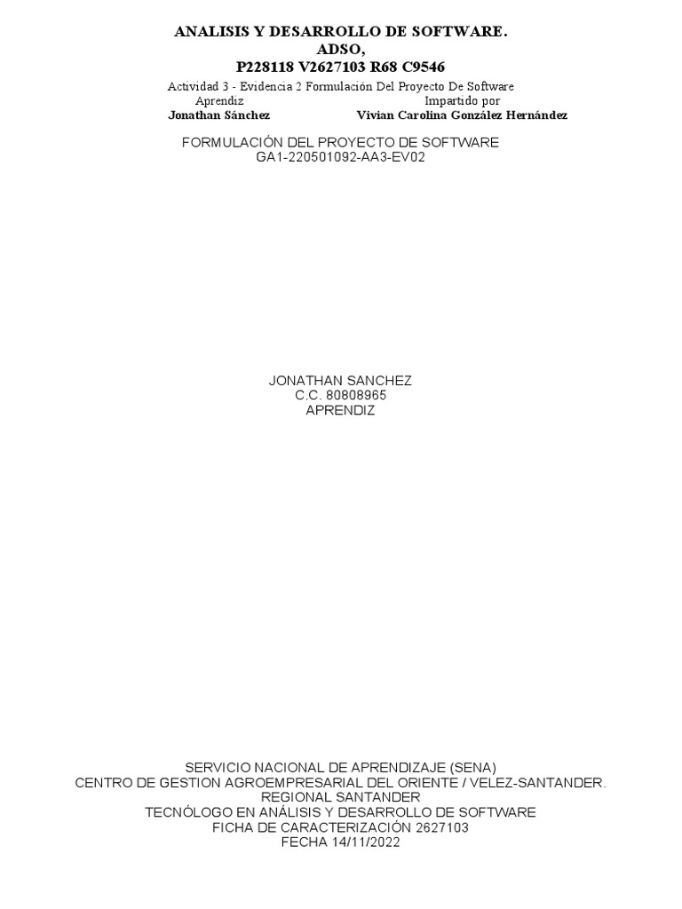 Actividad 3 Evidencia 2 Formulación Del Proyecto De Software Pdf 1970