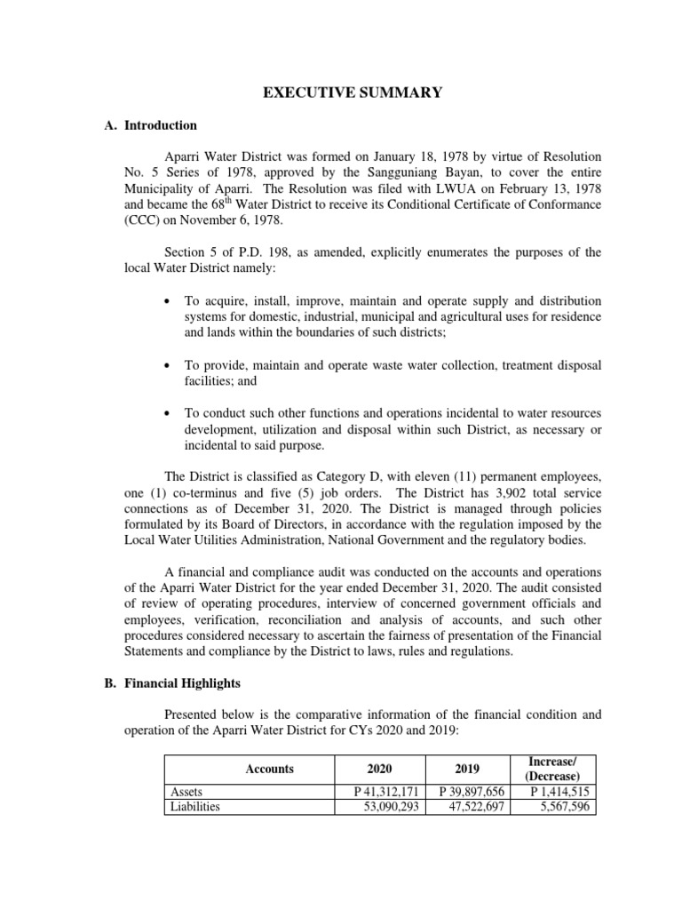 Aparri Water District Cagayan Executive Summary 2020 | PDF | Expense ...
