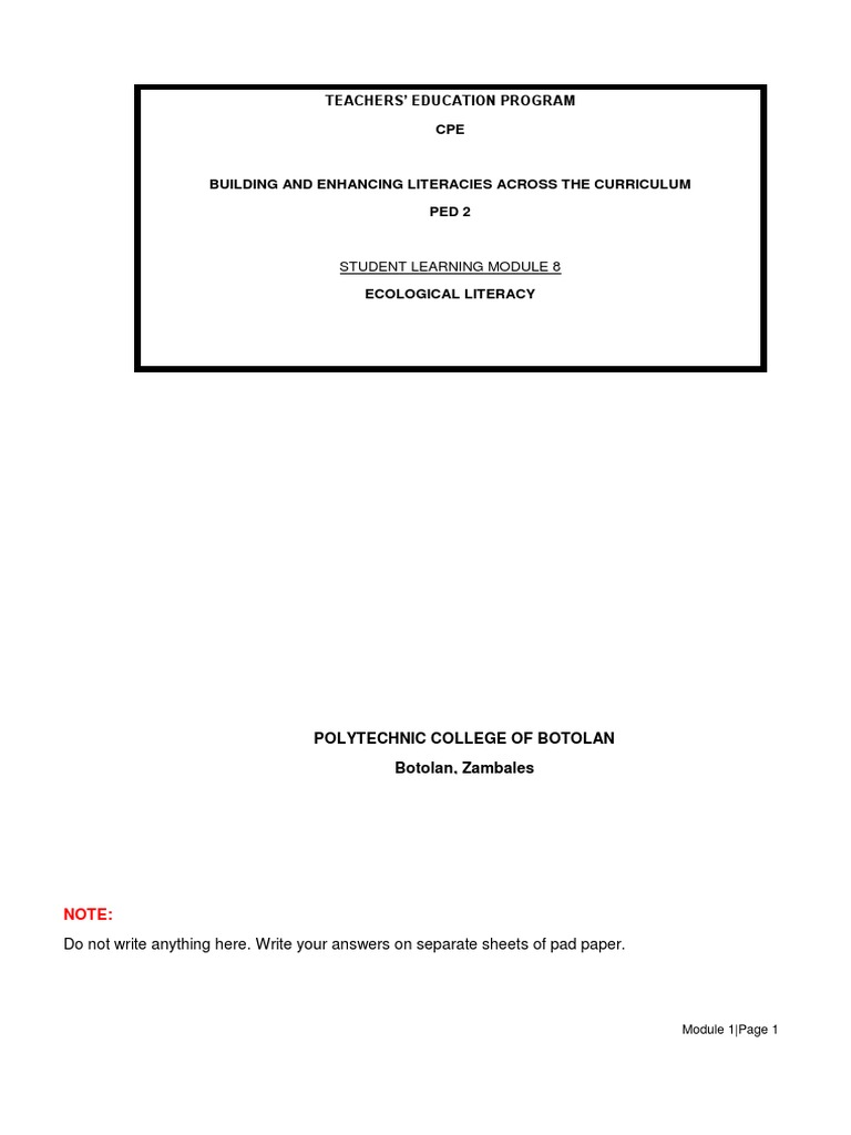 Ecological Literacy Module Teaches Environmental Skills | PDF | Literacy | Learning