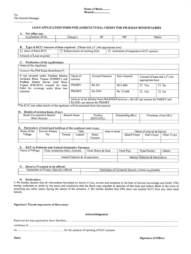 Loan Application Form For Agricultural Credit For PM Kisan ...