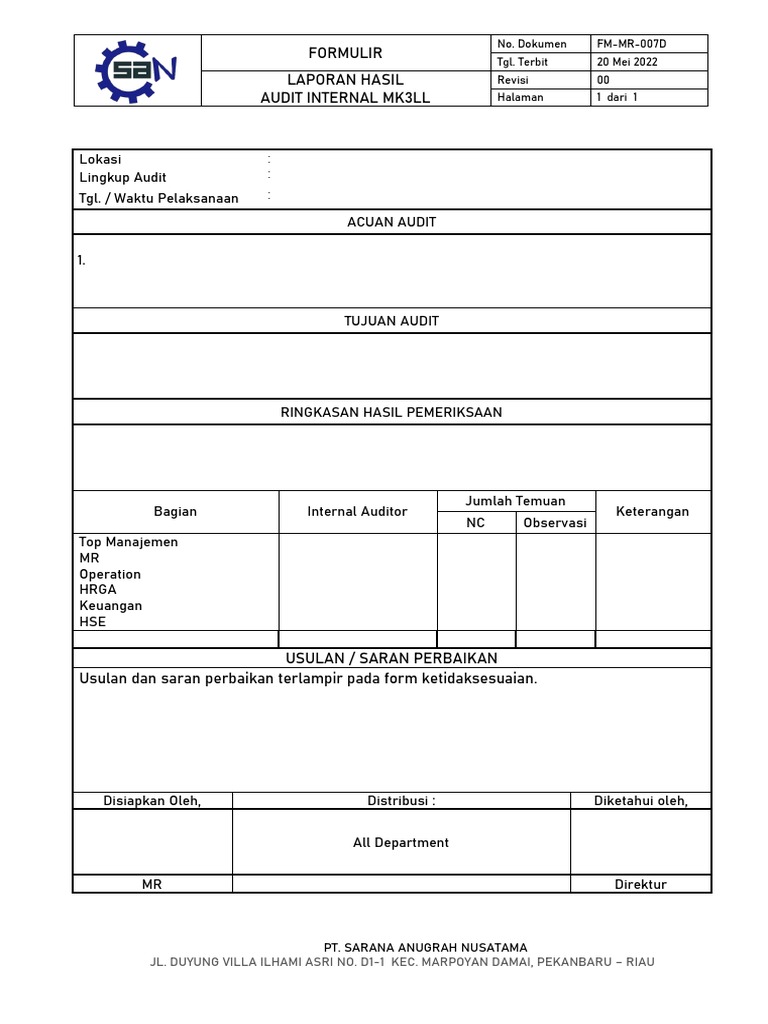 FM-MR-007D Laporan Hasil Audit Internal | PDF