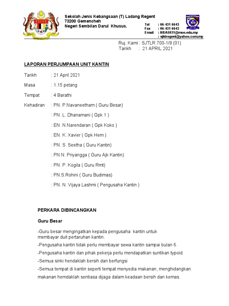 Laporan Pertemuan Unit Kantin | PDF