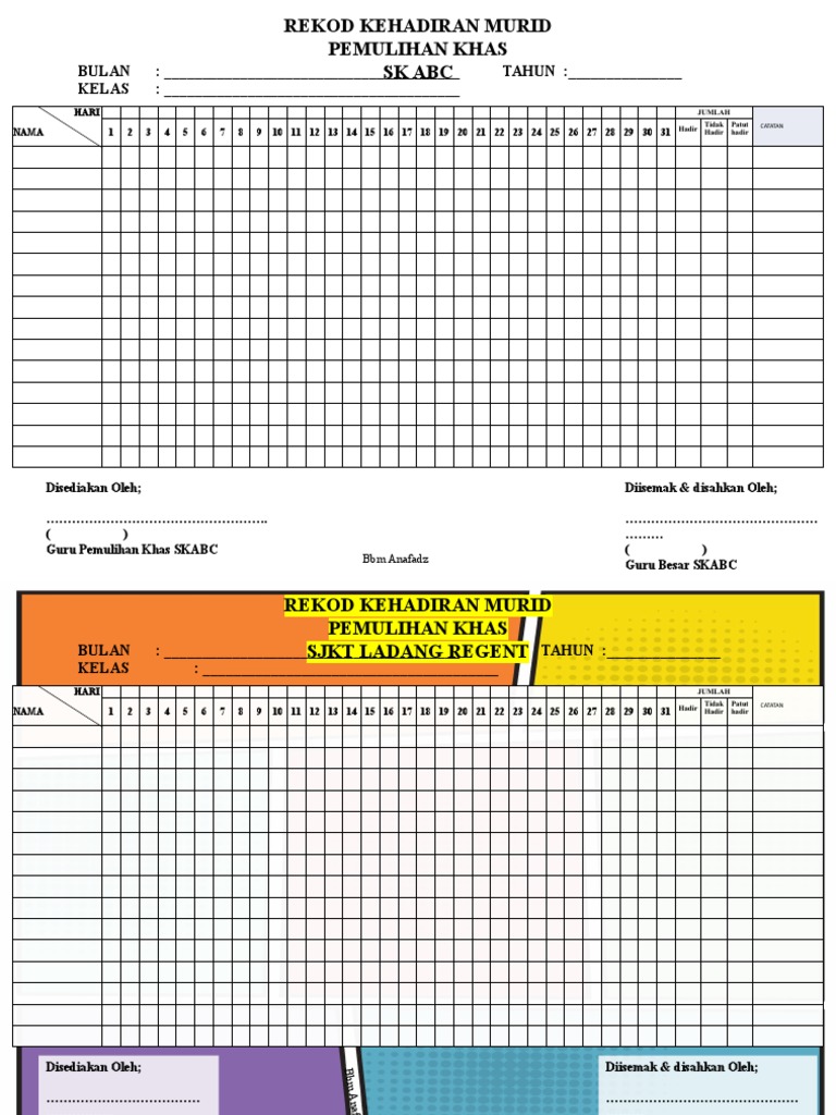 Buku - Rekod - Kedatangan - Bulanan - MURID - PEMULIHAN - (Autosaved) | PDF