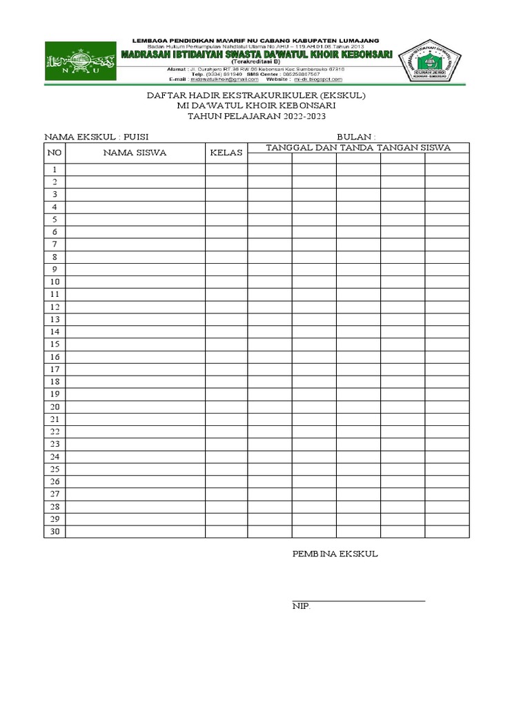 Daftar Hadir Ekskul 2022-2023 | PDF
