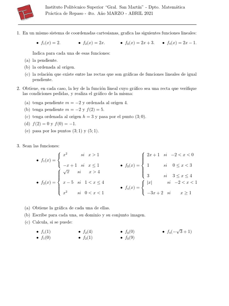 4°práctica REPASO | PDF | Pendiente | Álgebra