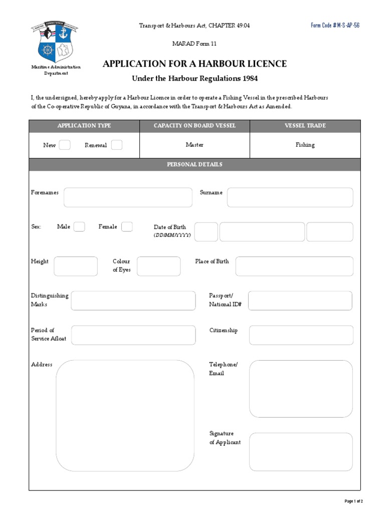 Harbour Licence Application for Fishing Vessel | PDF | Government ...