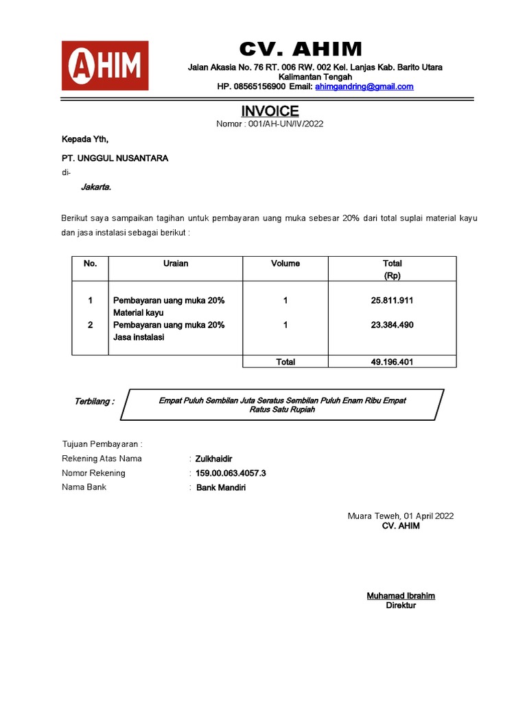 Invoice Uang Muka 20% Cv. Ahim | PDF
