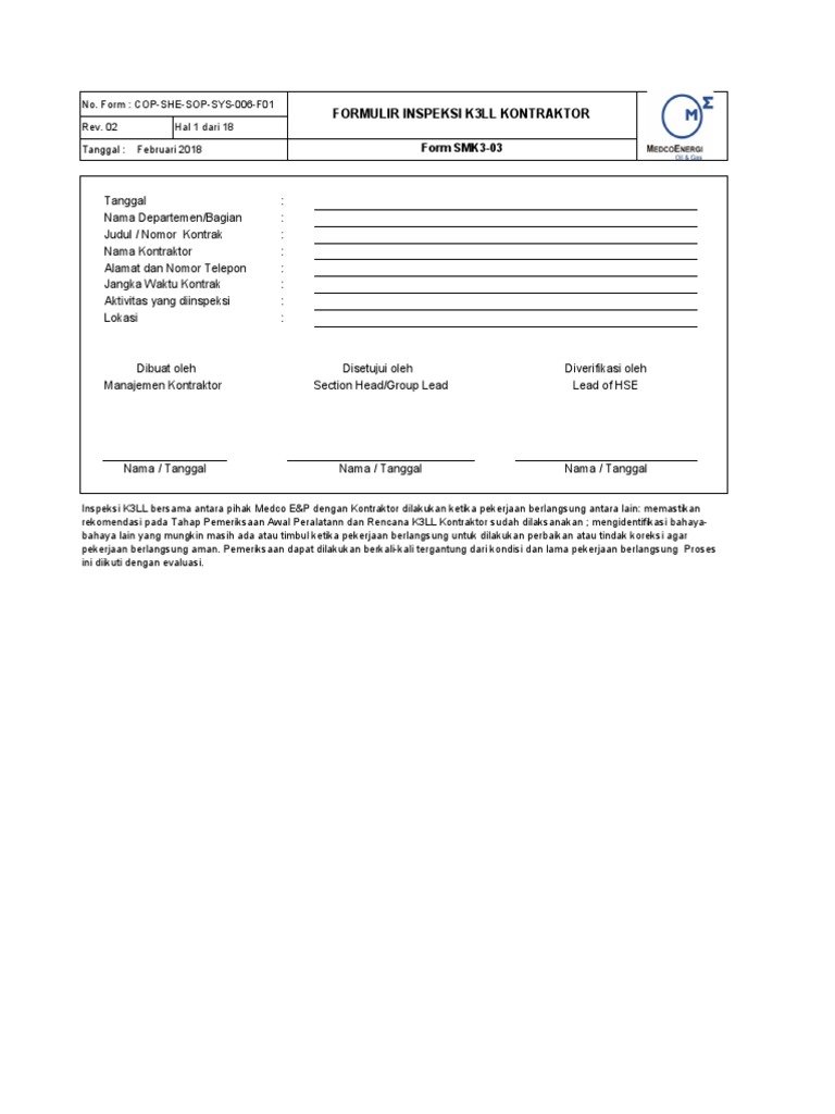 Formulir SMK3 03 | PDF