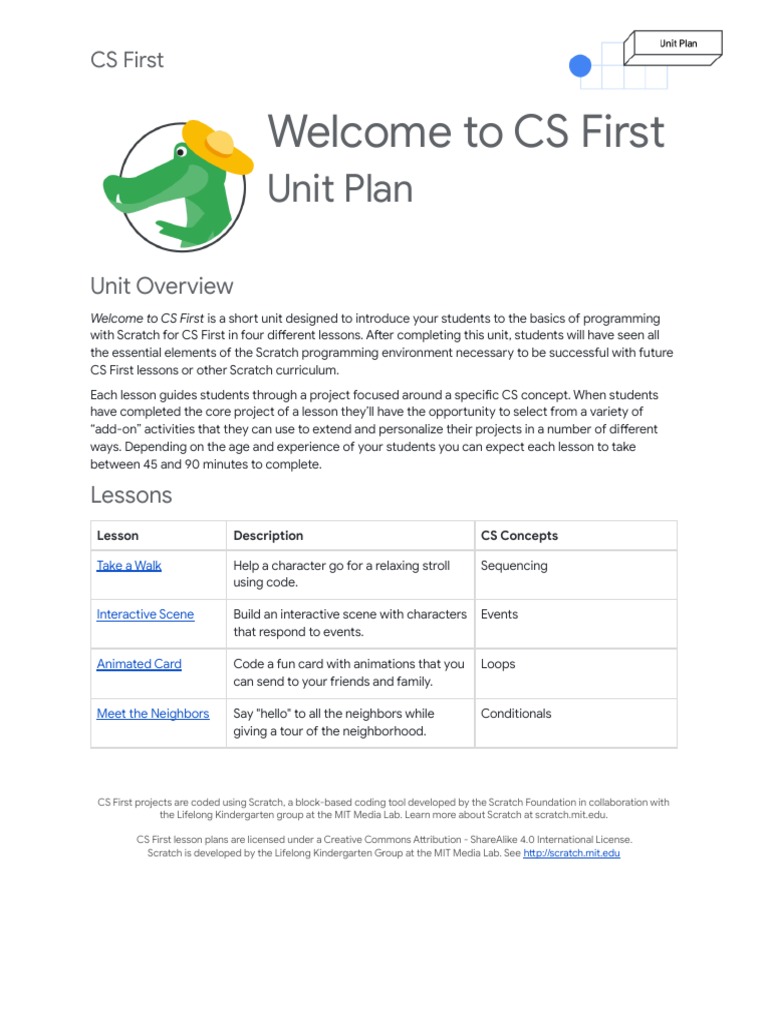 Welcome To CS First Unit Plan | PDF | Scratch (Programming Language ...