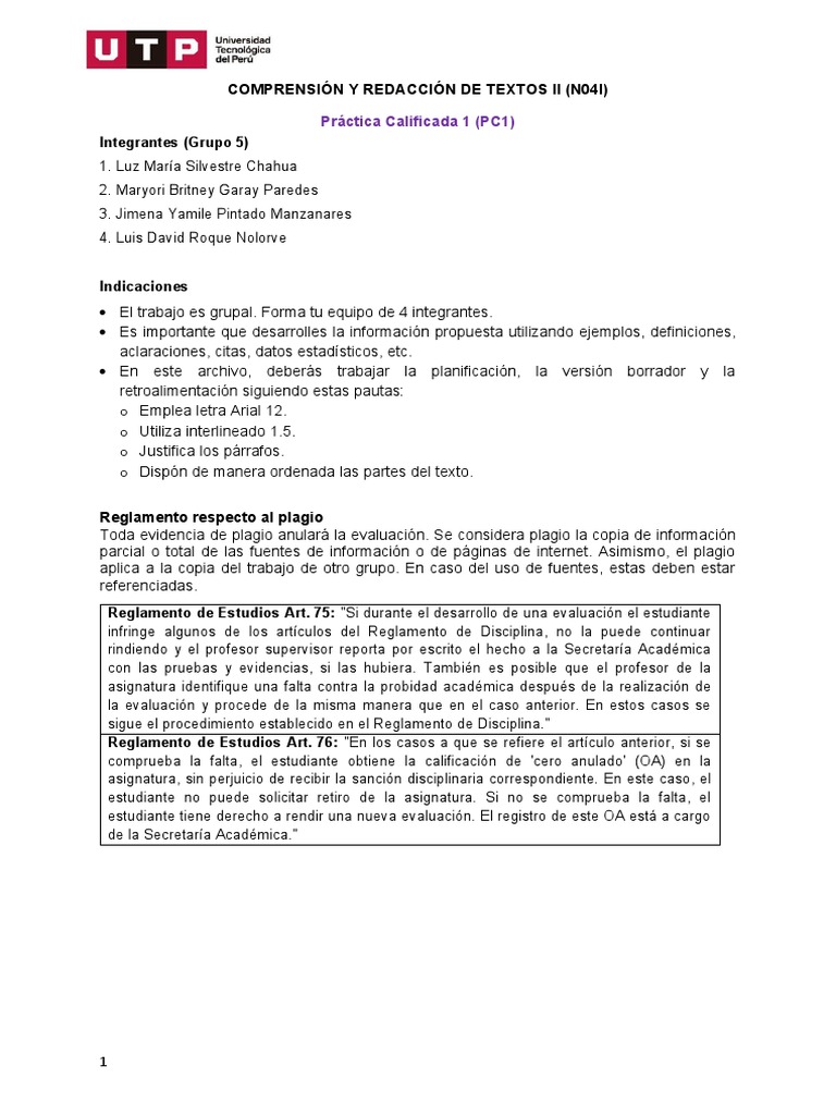 Práctica Calificada 1 - Versión final (COMPRENSIÓN Y REDACCIÓN DE TEXTOS II) | PDF ...