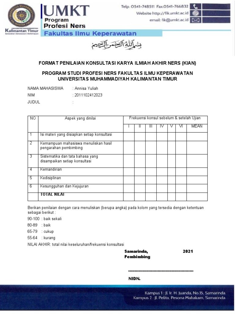 Format Penilaian Konsultasi Karya Ilmiah Akhir Ners (Kian) | PDF