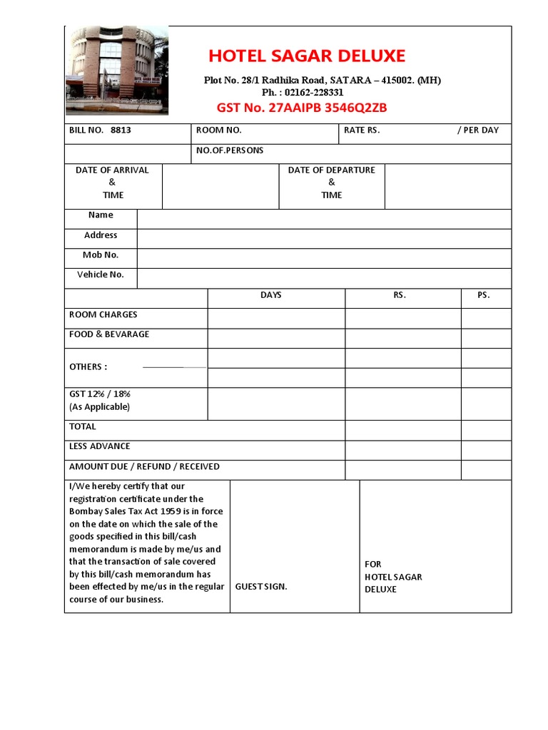 Hotel Bill Format for Sagar Deluxe | PDF