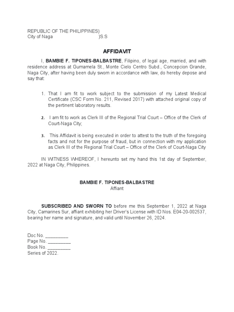 Affidavit of Fitness to Work as Clerk III | PDF