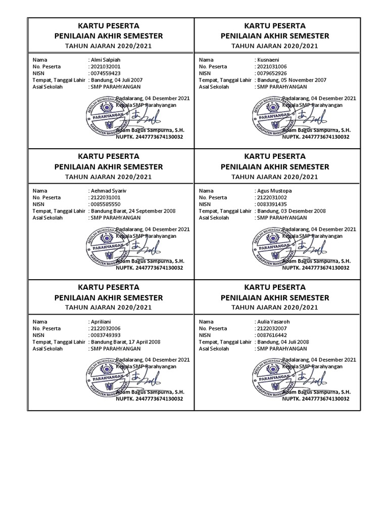 Kartu Peserta Ujian SMP 2021 | PDF