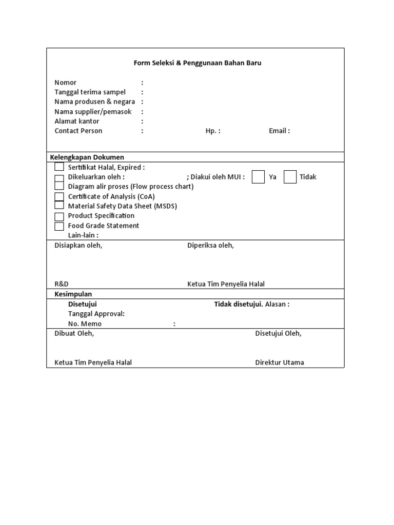 Form Seleksi Bahan Baru | PDF