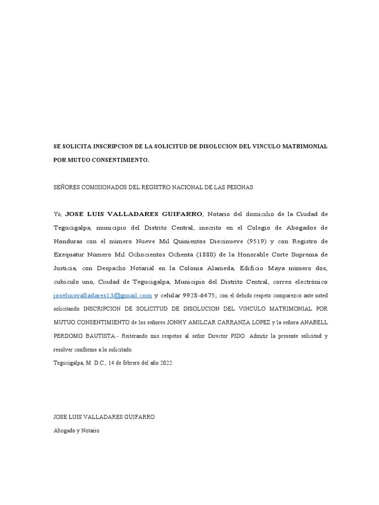 Divorcio Por Mutuo Consentimiento | PDF | Divorcio | Honduras