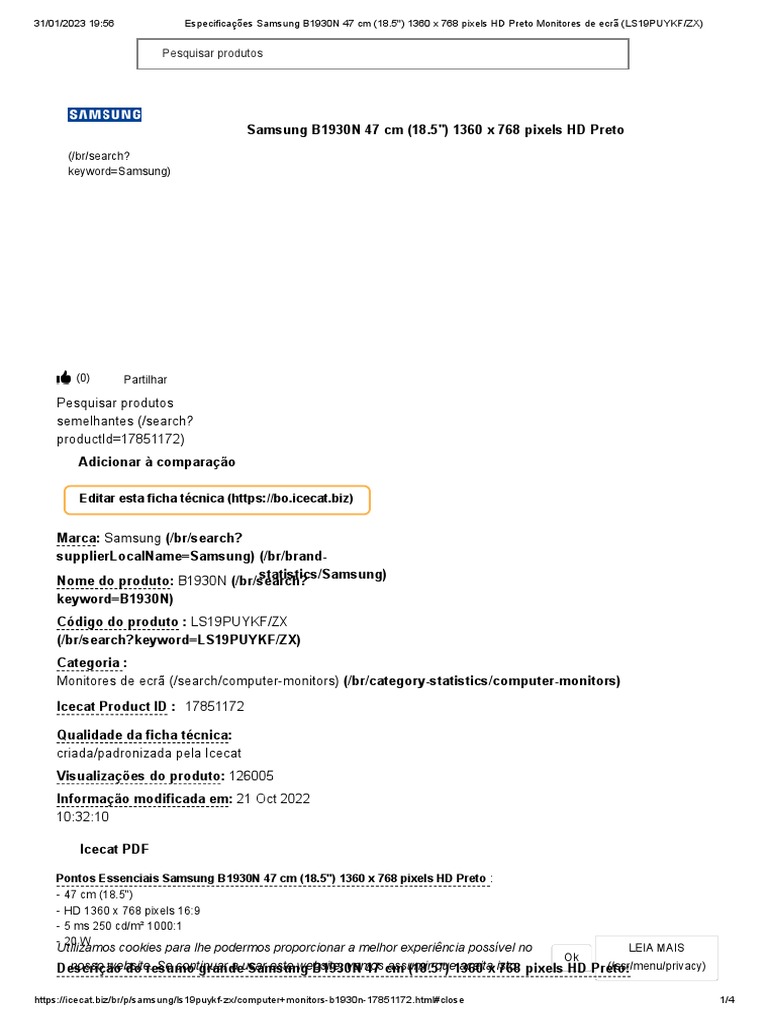 Especificações Samsung B1930N 47 CM (18.5 - ) 1360 X 768 Pixels HD ...