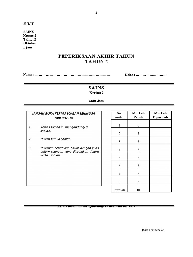 Ujian Akhir Tahun 5 Sains K2 | PDF