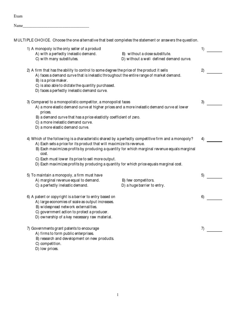 Monopoly Quiz 1 | PDF | Monopoly | Elasticity (Economics)
