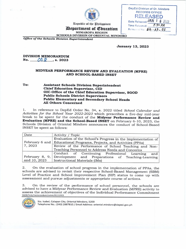 DM008 Midyear Performance Review and Evaluation (MPRE) and School-Based ...