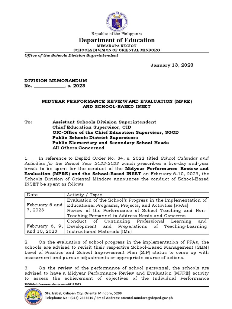 Memo Inset 2023 Final Pdf Educational Assessment Learning