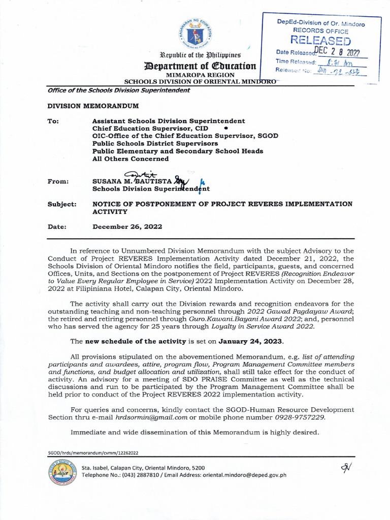 Notice of Postponement of Project REVERES Implementation Activity | PDF
