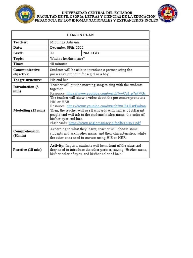 2nd Grade - LESSON PLAN-possessive Pronouns His and Her | PDF