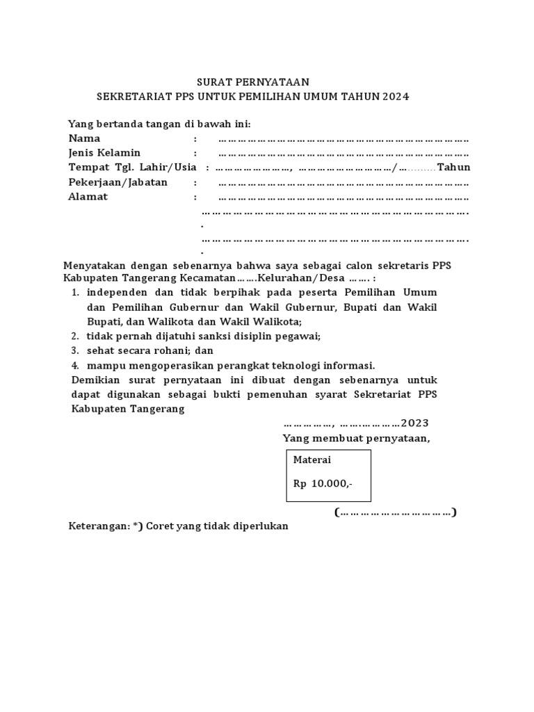 Surat Pernyataan Calon Sekretaris PPS 2024 | PDF | Game & Aktivitas