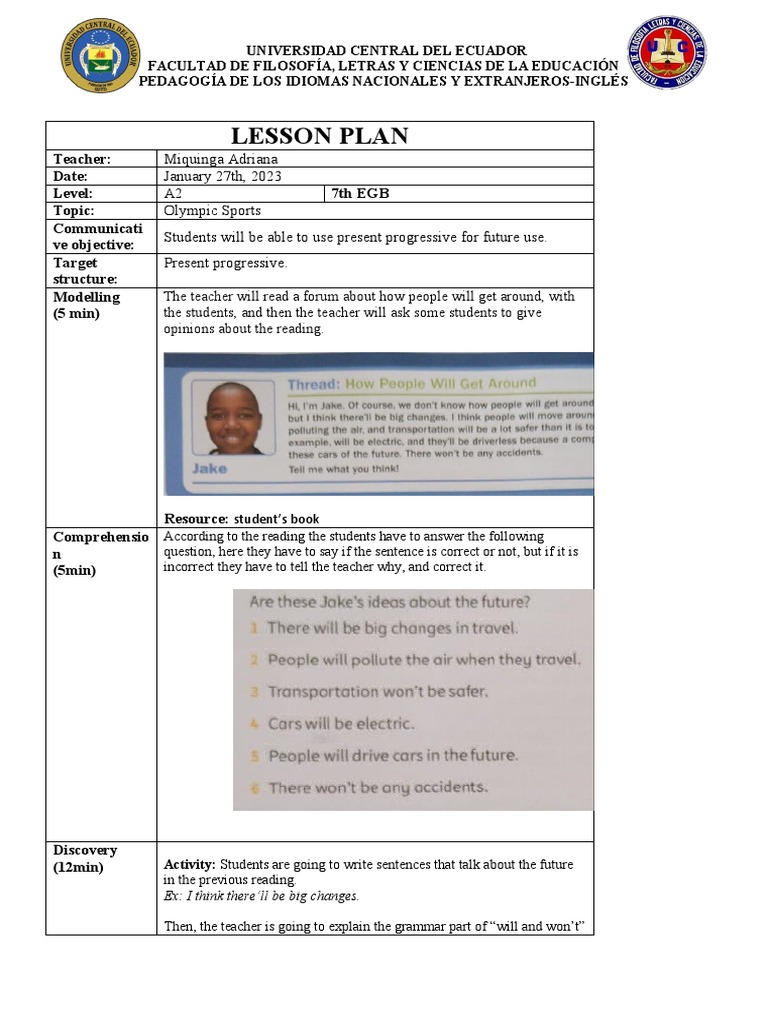 7th Grade - LESSON PLAN-future Will-Won't. | PDF | Behavior Modification | Human Communication