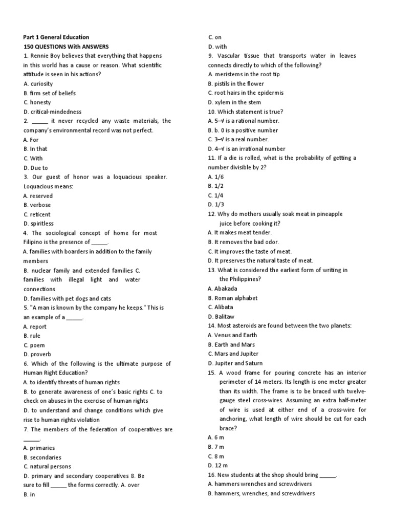 General Education Practice Exam: 150 Questions with Answers on Various ...