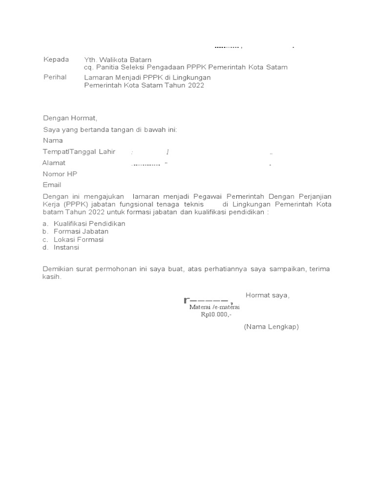 Contoh Surat Lamaran Seleksi PPPK Tenaga Teknis Pemko Batam Tahun 2022 ... Contoh Surat Lamaran Seleksi PPPK Tenaga Teknis Pemko Batam Tahun 2022 ...