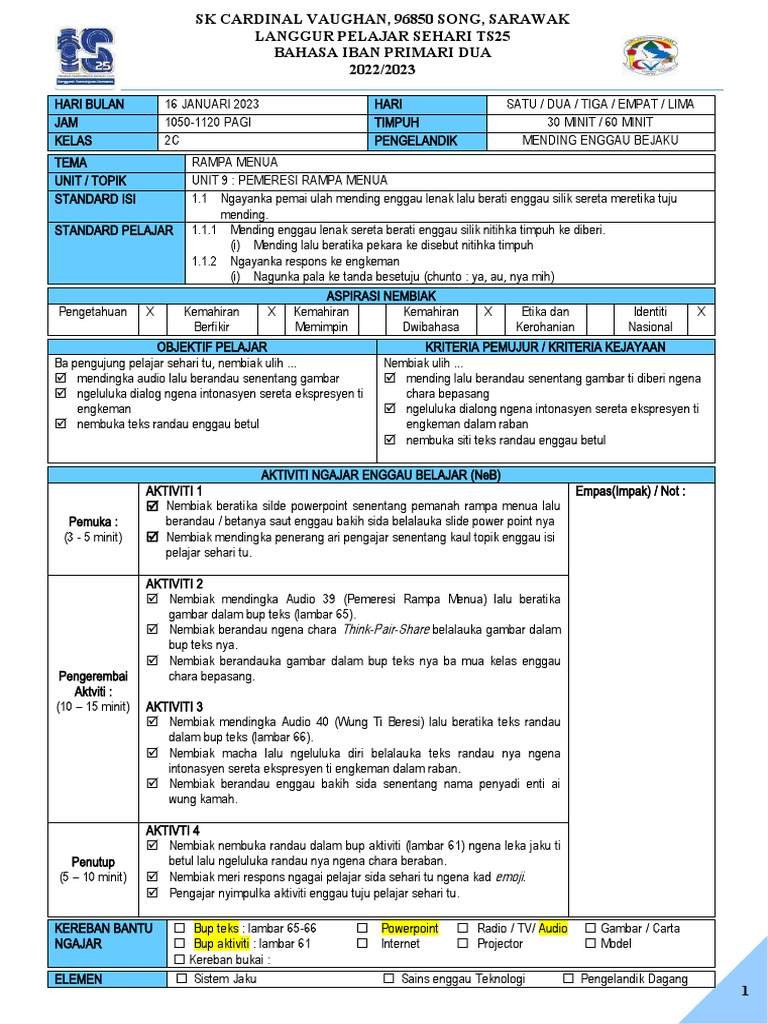RPH Bib T2C Minggu3 Hari Satu | PDF | Kajian Bahasa Asing