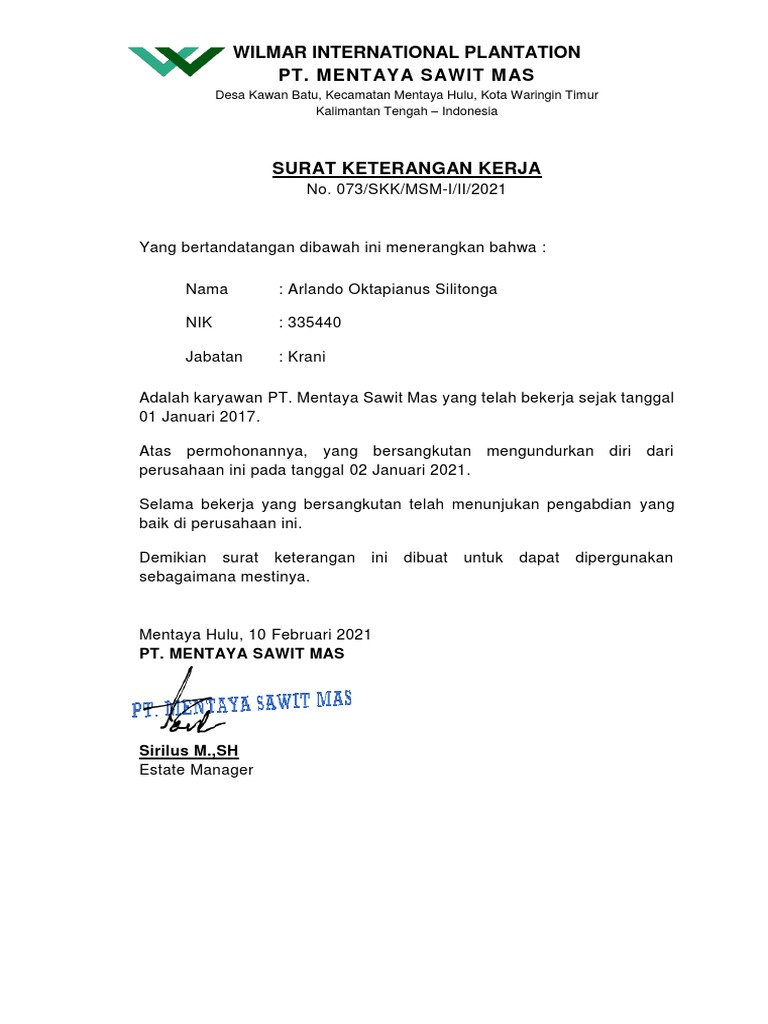 Surat Keterangan Kerja Arlando Silitonga | PDF